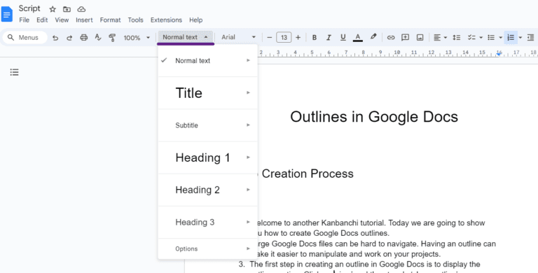 How to add outlines to Google Docs - Kanbanchi