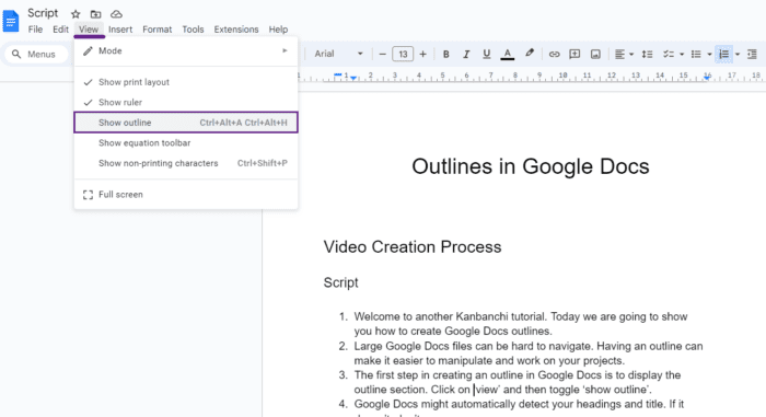 How to add outlines to Google Docs - Kanbanchi
